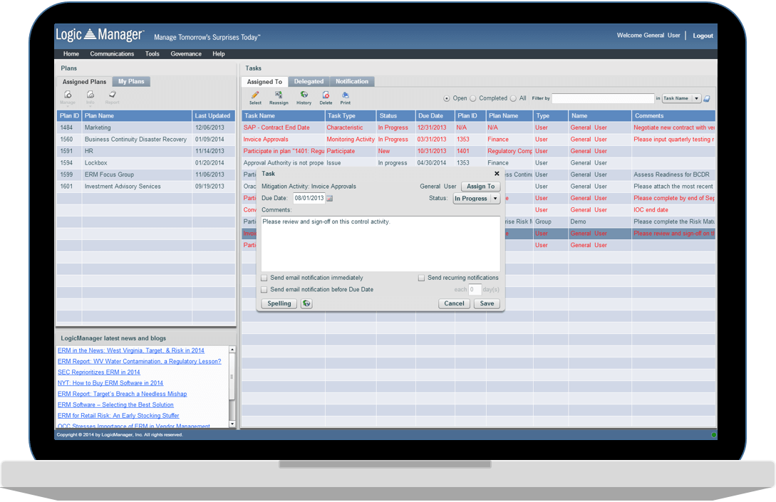 Risk Management Tasks And Workflow Logicmanager Erm Software